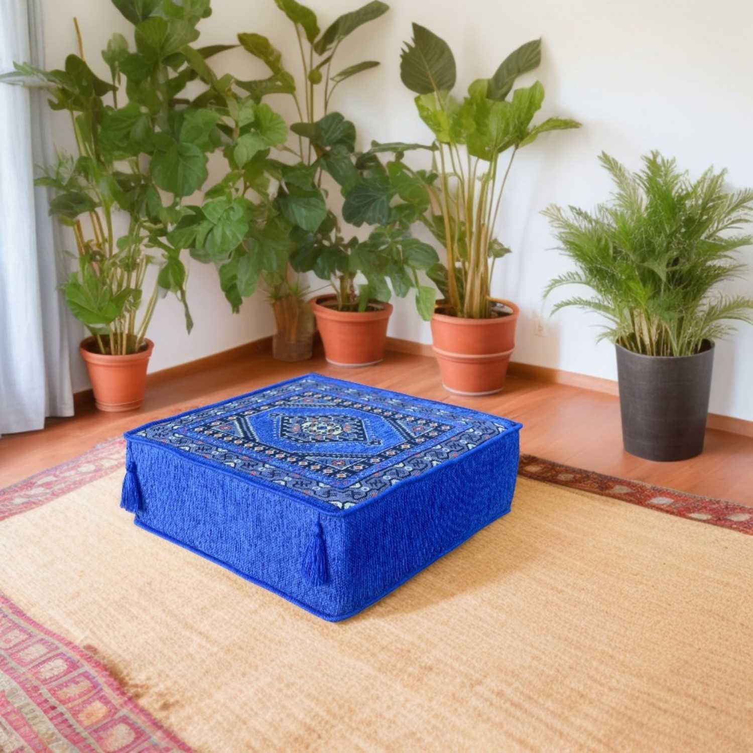 Blue square kilim pouffe | Moroccan style pouffe | Ottoman | Foot stool